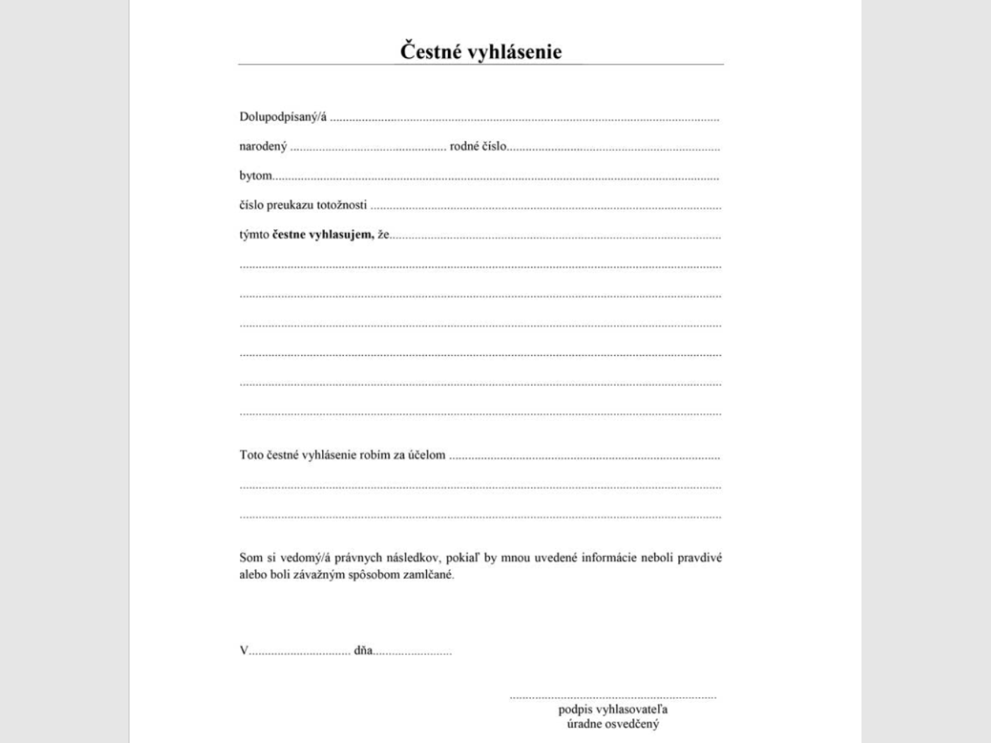 Čestné prehlásenie - vzor - iFinancie.sk